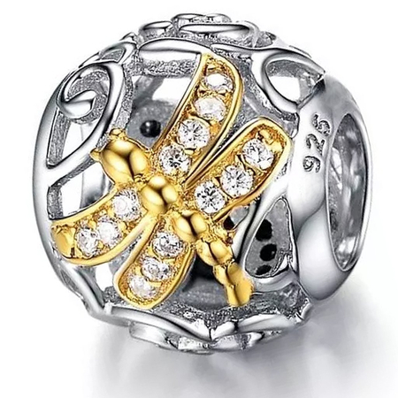 Srebrna przywieszka pr 925 Charms srebrna kulka złota ważka cyrkonie ...